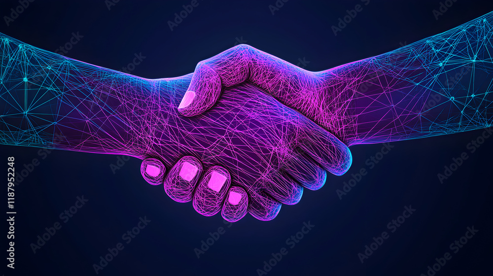 Ilustrace Firm handshake depicted with digital glowing lines ...