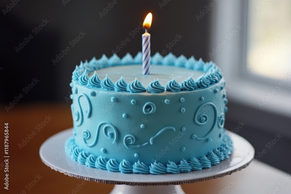 Beautiful blue birthday cake with candle ready for celebration in ...