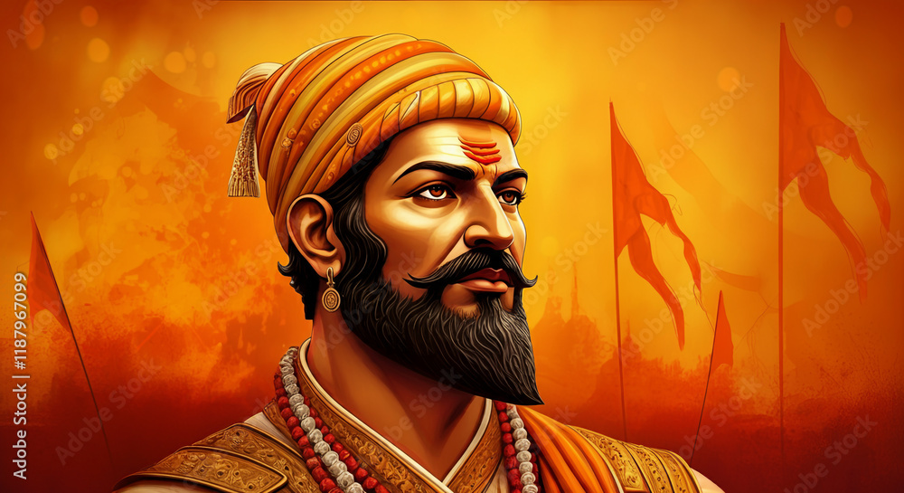 Shivaji Maharaj in a Thoughtful Pose with a Maratha Flag Stock ...