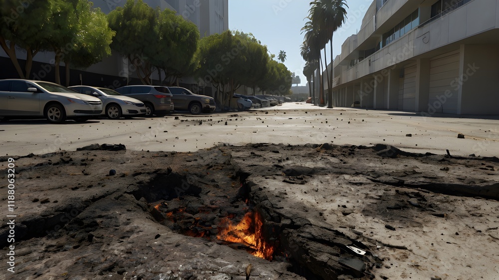 Ground-level perspective of a scorched parking area in Los Angeles ...