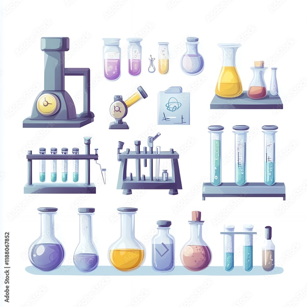 Science Lab Equipment Illustrations Flasks Test Tubes Microscopes Stock ...