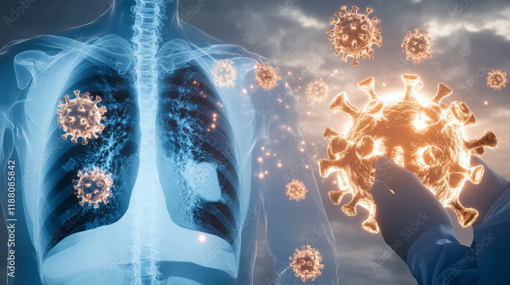 Human metapneumovirus (HMPV or hMPV):Illustration of coronavirus impact on lungs, highlighting ...