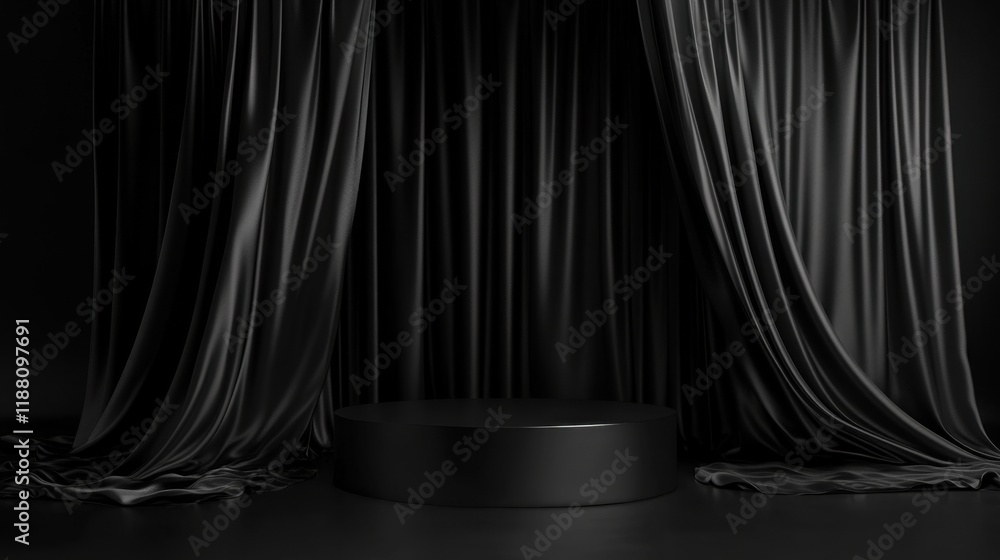 Podium presentation setup featuring black backdrop and elegant curtain ...