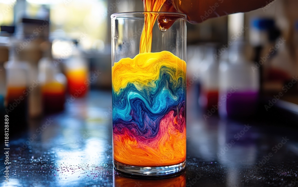 Mesmerizing rainbow dye swirls in a glass, creating an abstract ...