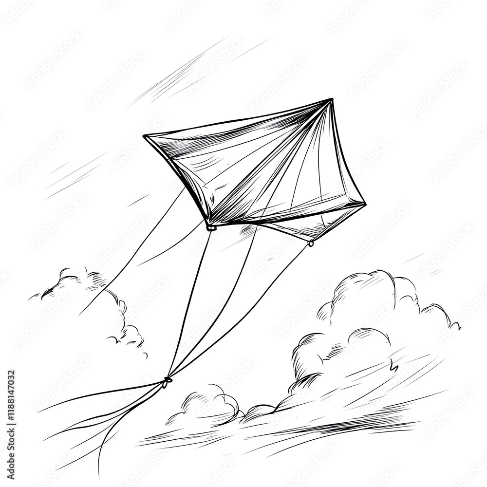 Simple Black and White Kite Drawing for Coloring Page Activity Stock ...