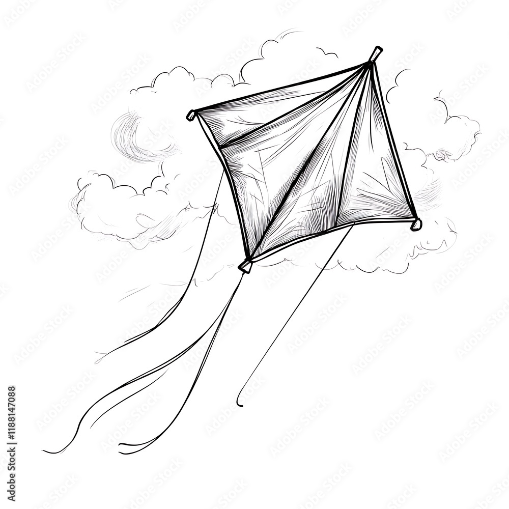 Simple Black and White Kite Drawing for Coloring Page Designs Stock ...