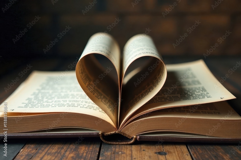 Open book pages forming heart shape, vintage texture, concept, worn ...