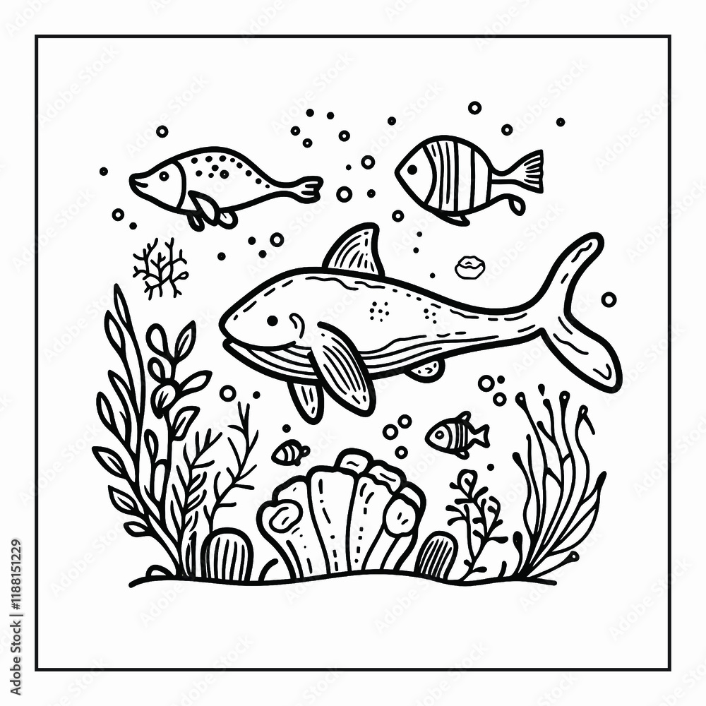 Bold Easy Ocean Animals Coloring Page Stock Illustration | Adobe Stock