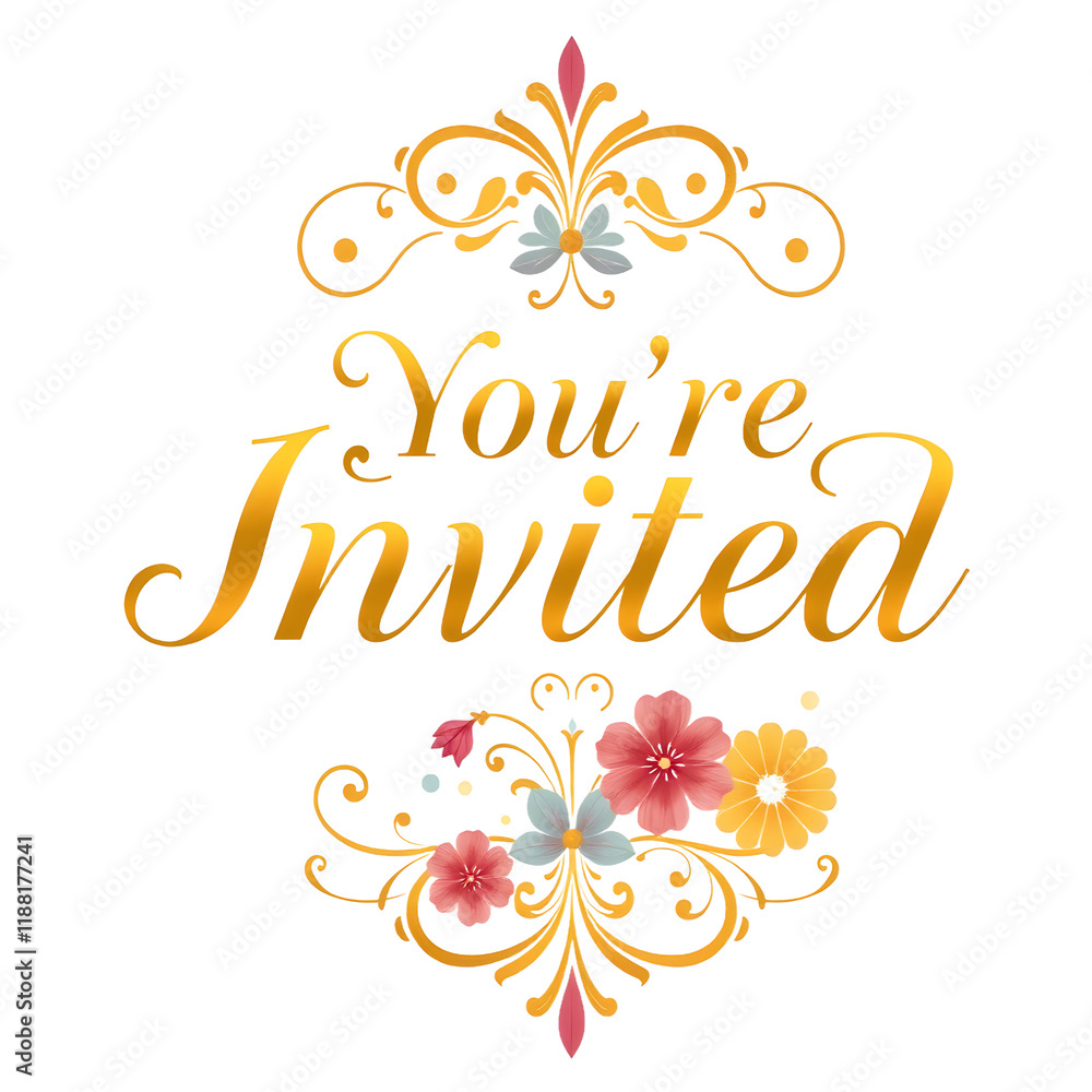 Stylized "You're Invited" in elegant gold script with swirls of ...