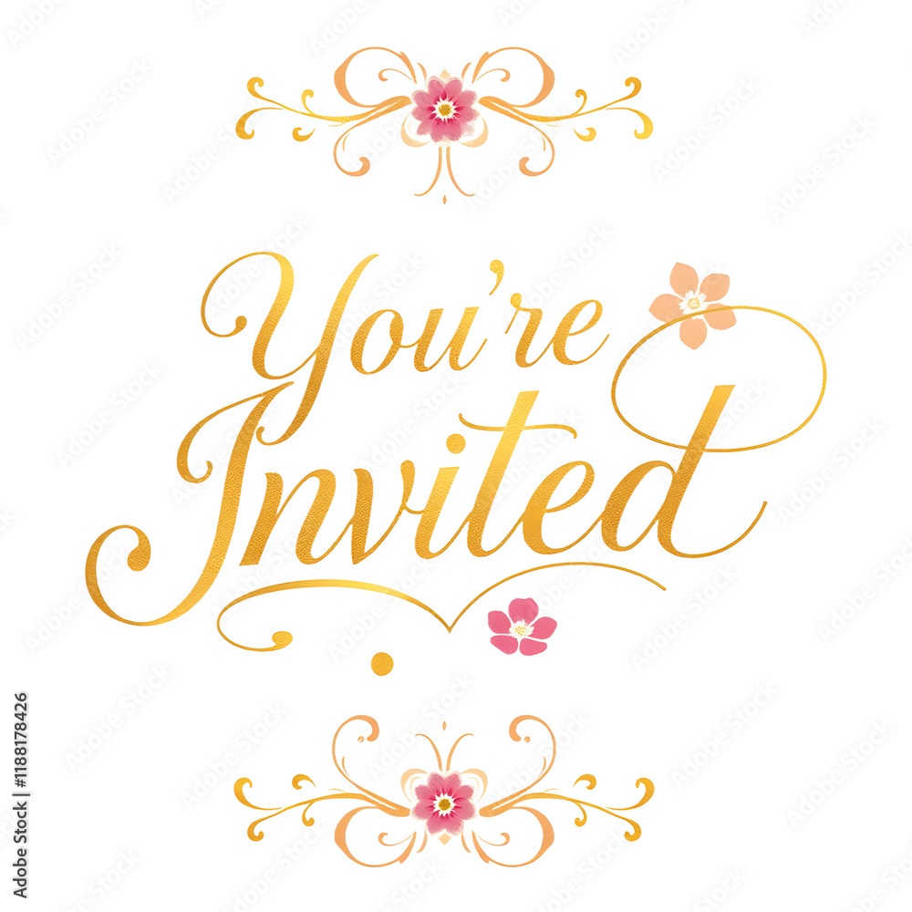Stylized "You're Invited" in elegant gold script with swirls of ...