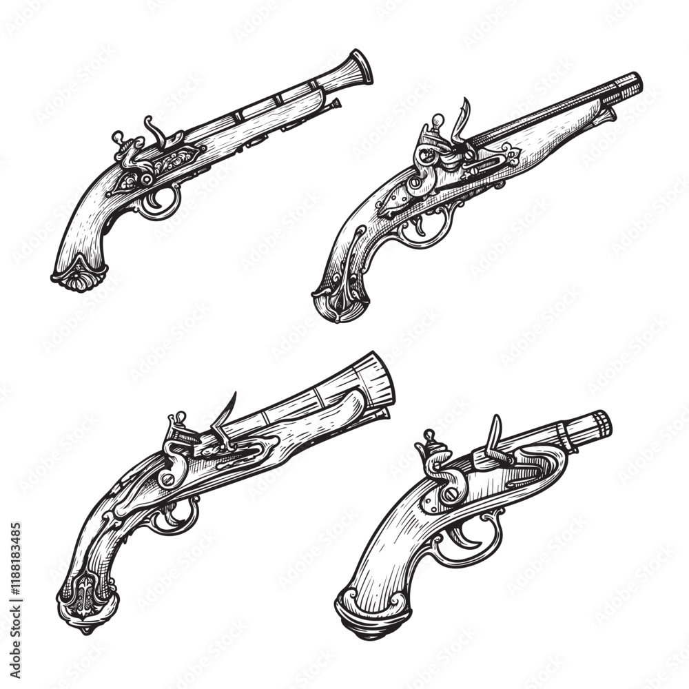 Old guns set. Vintage flintlock pistols. Hand drawn sketch style. Best ...