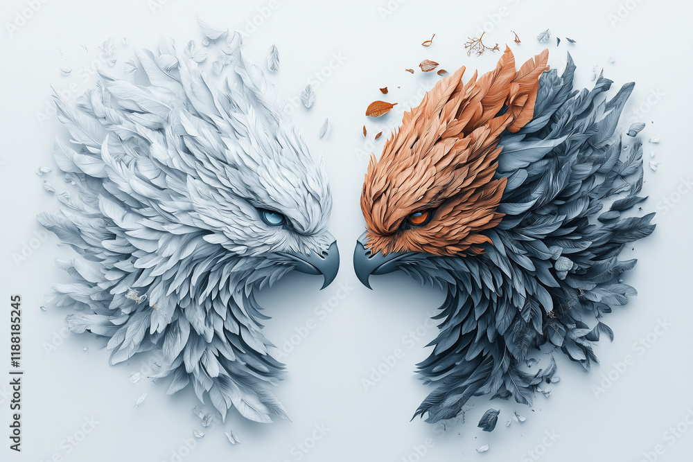 Dynamic illustration of two opposing eagles in an artistic, dramatic ...