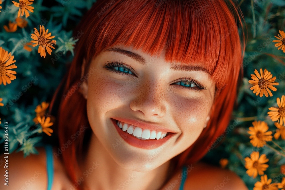 Short haircut - red hair. Stunning smiling mixed-race girl - for ads ...