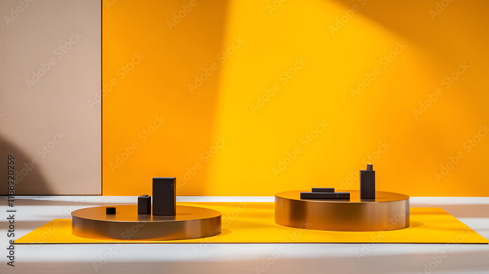 Under the light two overlapping bronze metal platforms create an ...