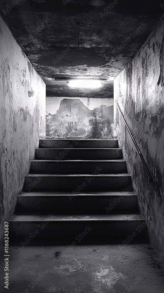 Dimly lit stairway in monochrome, creating an eerie and atmospheric ...