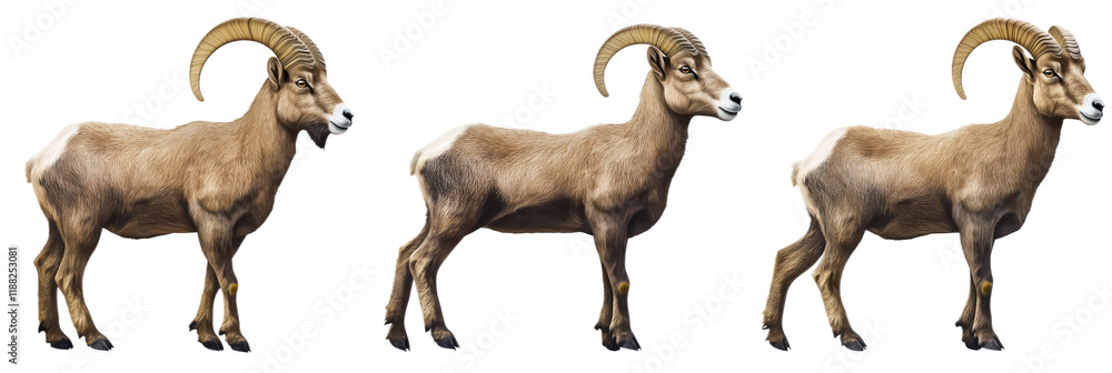 Realistic depiction of three mountain goats showcasing different angles ...