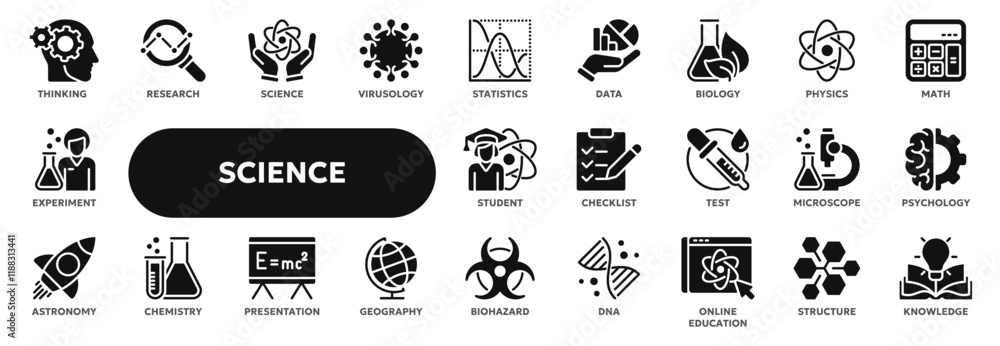 Set of vector solid icons related to science lab equipment, chemistry ...