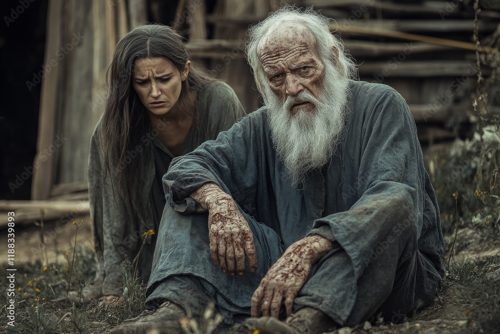 Old biblical Job sitting on ground with sores all over his body and his ...