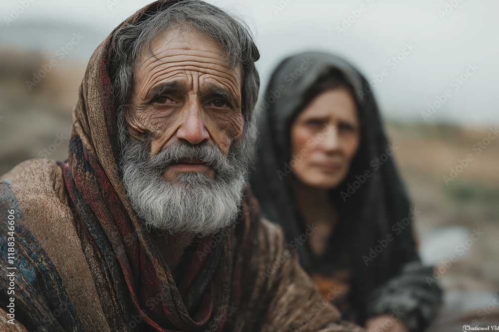 Old biblical Job sitting on ground with sores all over his body and his ...