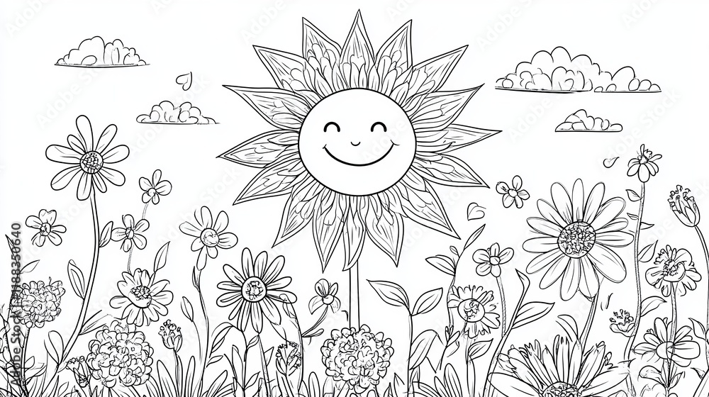 Charming coloring page featuring adorable garden flowers and a cheerful ...