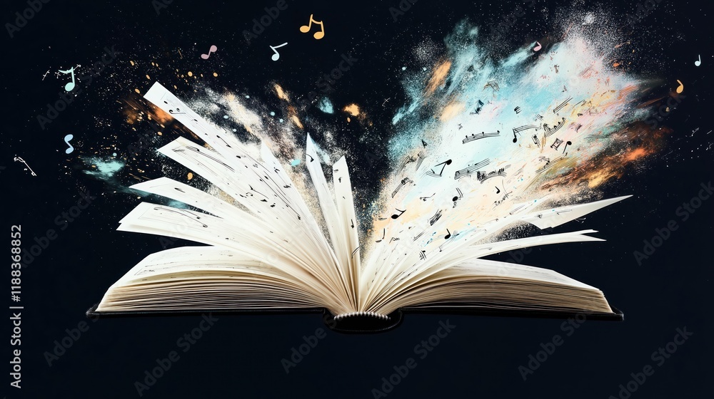 Open book with musical notes flying out creates vibrant symphony of ...