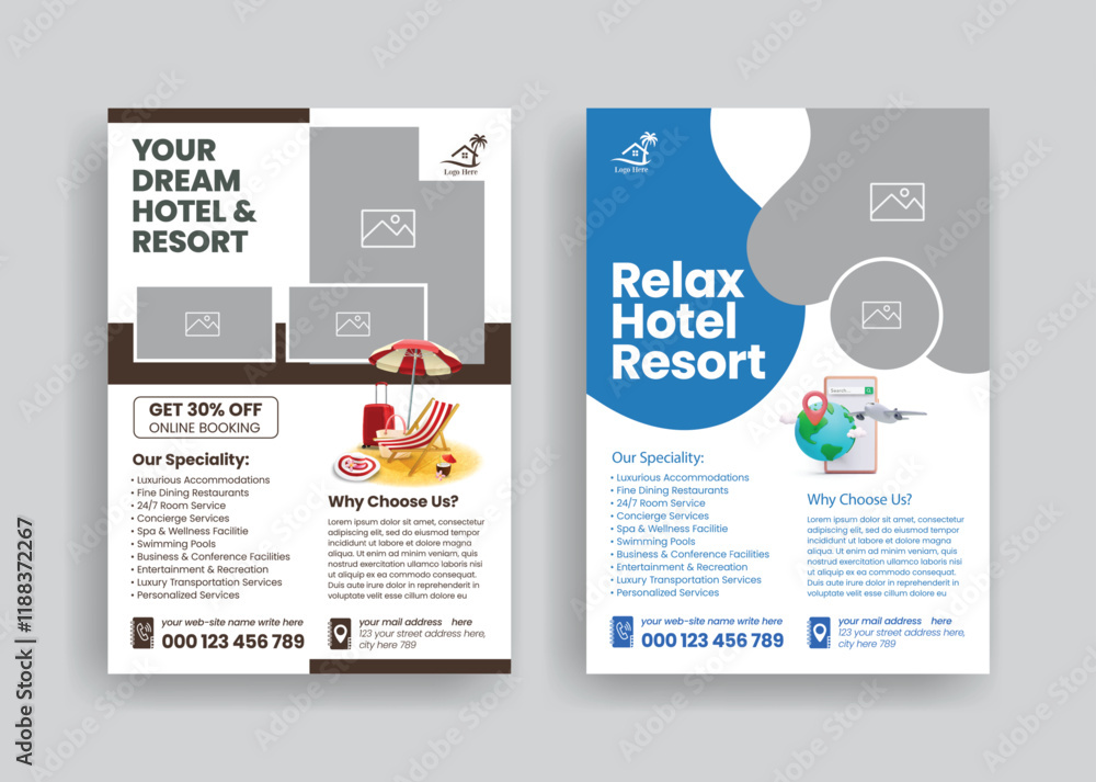 Summer Vacation Hotel, Resort, travel tourism print ready flyer or ...