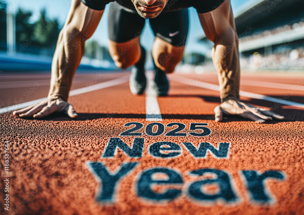 A runner on the starting line of an outdoor track, with "2025" written ...