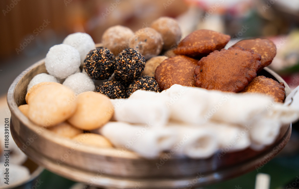 Assamese traditional food displayed at a stall to sell during Magh Bihu ...