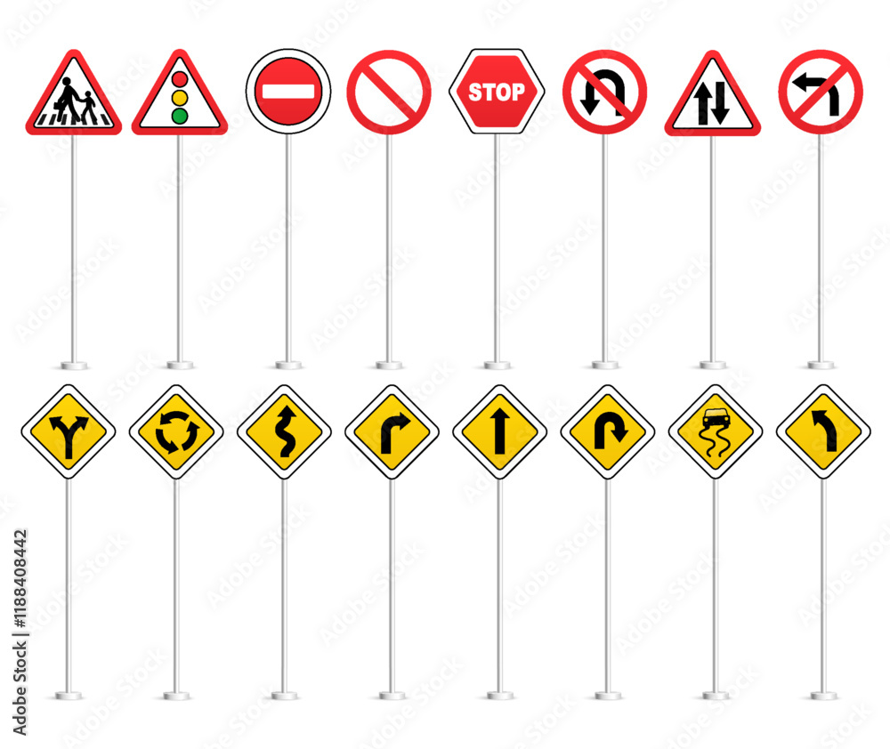 Set of red, yellow road signs. Crossing sign, traffic light, left right ...