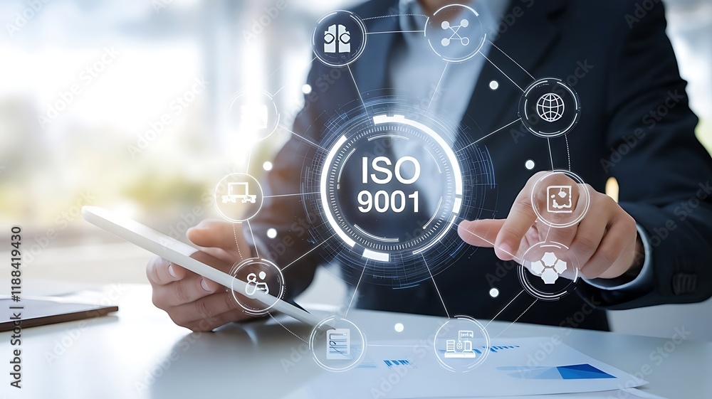 ISO 9001 Concept, Businessman holding a tablet with text iso 9001, ISO ...