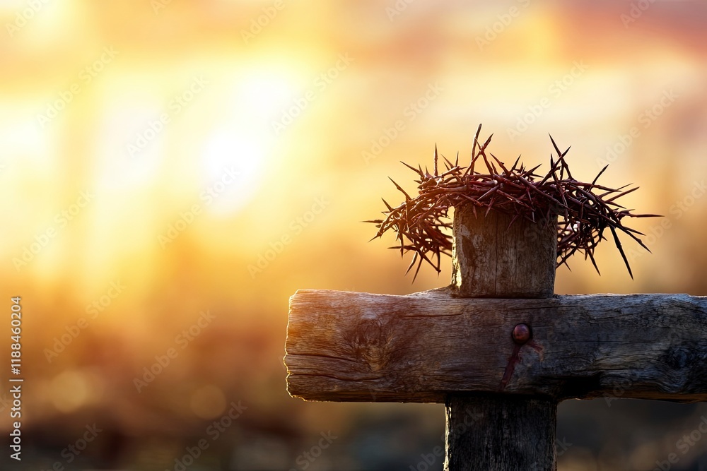 Easter background depicting the crucifixion with a rustic wooden cross, crown of thorns and ...
