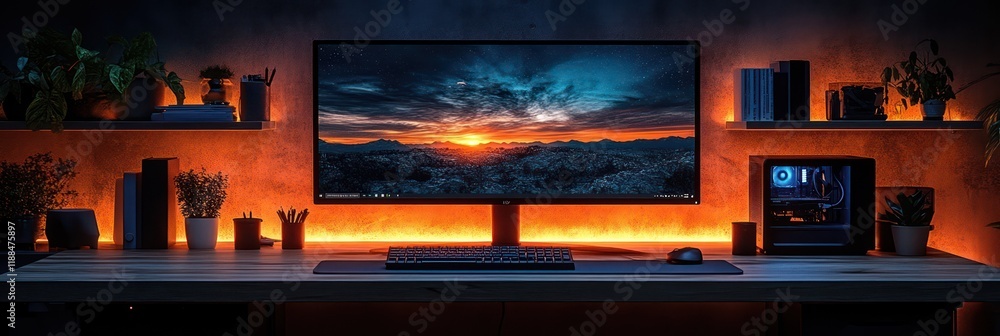 Gaming Setup with Orange Ambient Lighting and Sunset Desktop Wallpaper ...