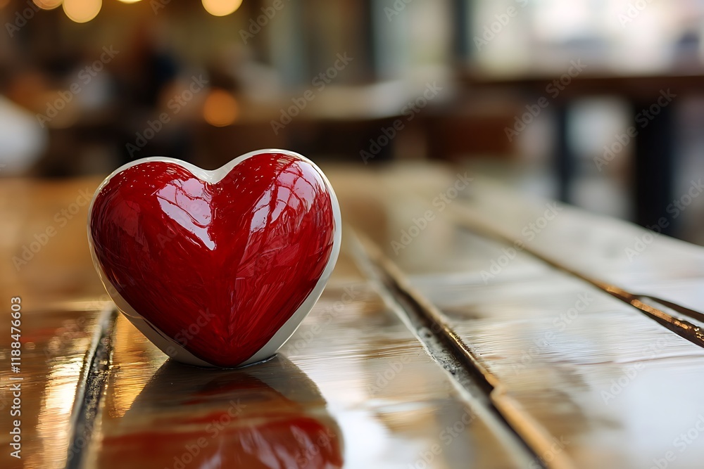 Elegant depiction of a red heart painted on a ceramic caf?(C) table ...