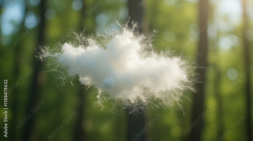 Cottonwood fluff floating in the air, close-up, blurred green tree ...