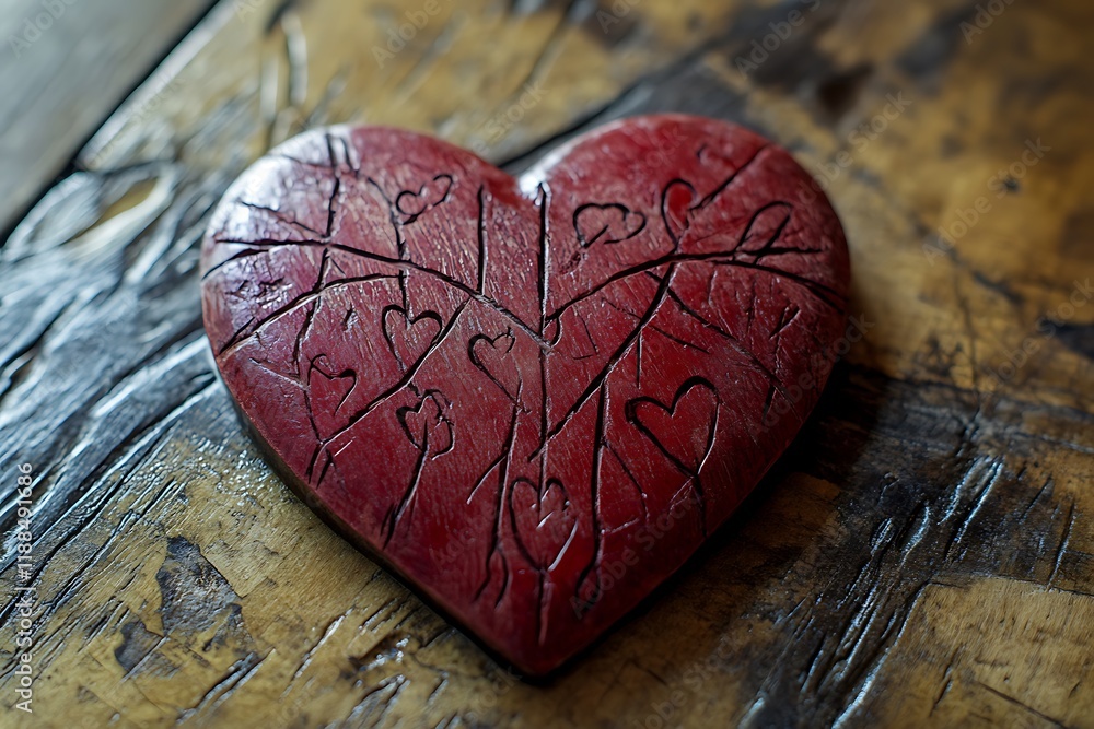 High-definition photo of a red heart carved into a caf?(C) table, with ...