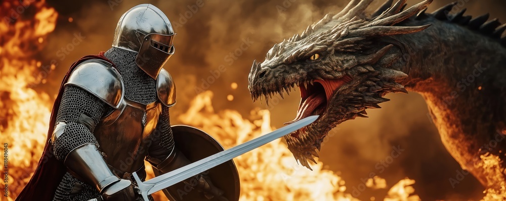 Knight in armor fights fierce dragon in epic battle. Flames surround ...