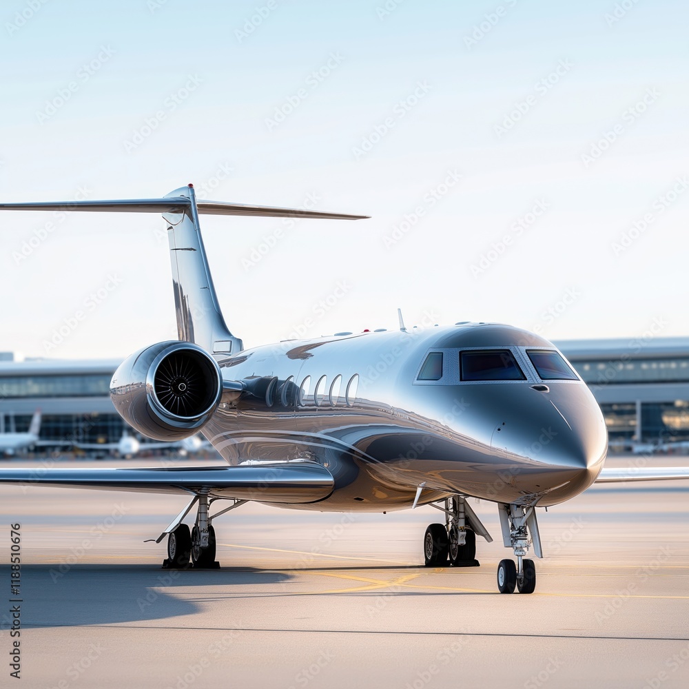 Luxury private jet stands on airport tarmac. Shiny metal fuselage ...
