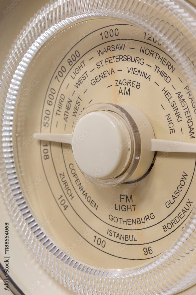 Retro vintage radio tuner dial background with am and fm frequencies ...