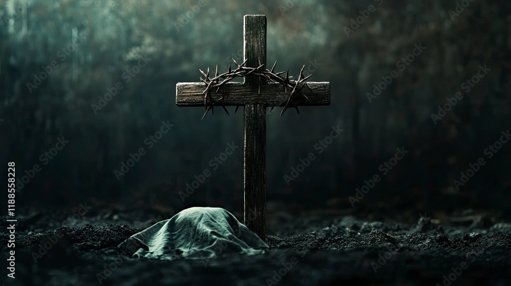 Wooden cross with crown of thorns and shroud on dark background. Good ...