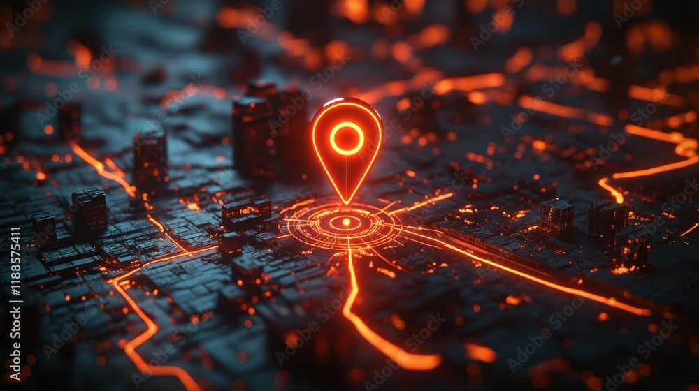 Futuristic city map shows glowing red location pin. Tech navigation ...