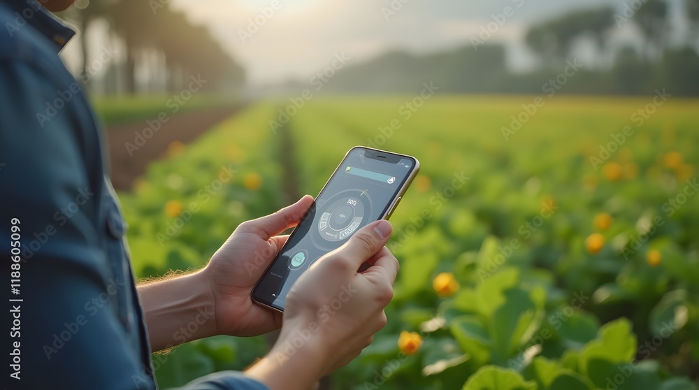 Smart farming agriculture concept. Man holding smartphone monitor and ...