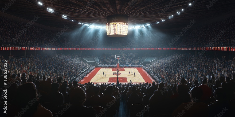 Basketball game in full view, wide angle, full stadium, crowd ...