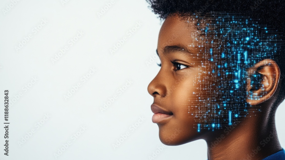 Stock-Foto „Futuristic portrait of a boy with binary code overlay ...