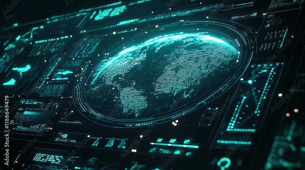 HUD hologram interface, earth digital map infographic charts and graphs ...