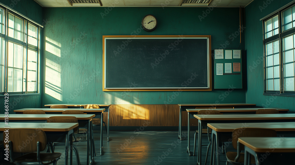 High school classroom with a blackboard and desks, green wall ...