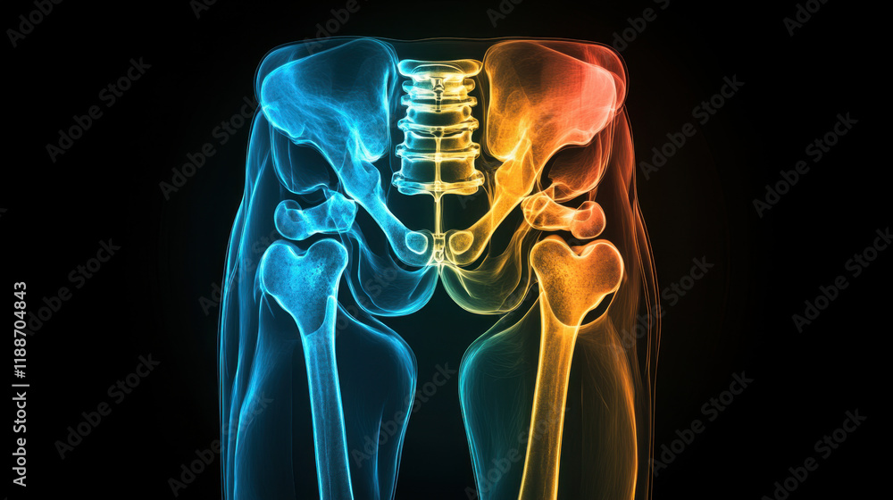 X-ray film, A detailed X-ray image revealing a hip replacement ...