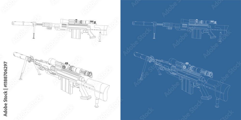 vector Sniper Rifle line art draw blueprint wireframe from side and ...