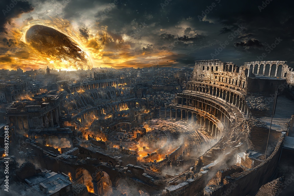 Apocalyptic cityscape: burning ruins of ancient Rome under a fiery ...