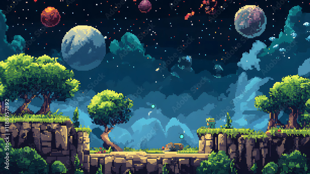 Pixel Art Fantasy Landscape: Alien Planets Over Lush Greenery Stock ...