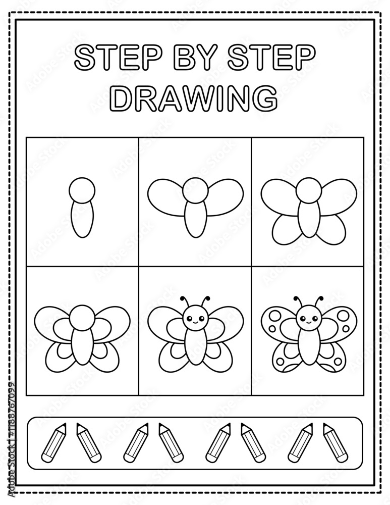 Cute butterfly. Book page, drawing step by step. Black and white vector ...